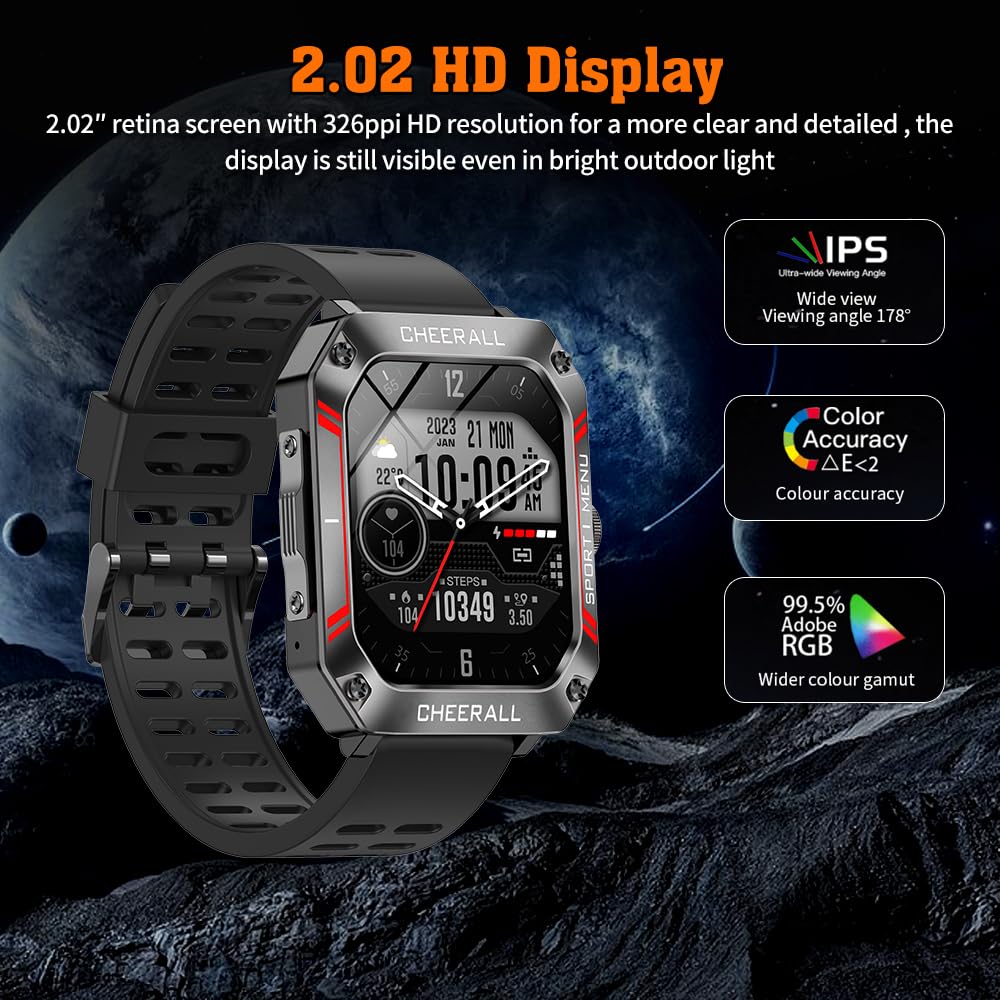 Cheerall 2.02” HD Touch Screen Military Smart Watch for Answer Make Calls, Tactical Fitness Tracker with Games 120+ Workout Modes Heart Rate SpO2 Sleep Monitor for Android iOS (Orange)