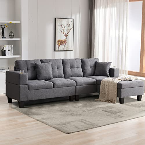 Unovivy 99" Sectional Couches for Living Room, L Shaped Removable Ottoman and Cup Holders, Convertible Sofas for Apartment, Gray