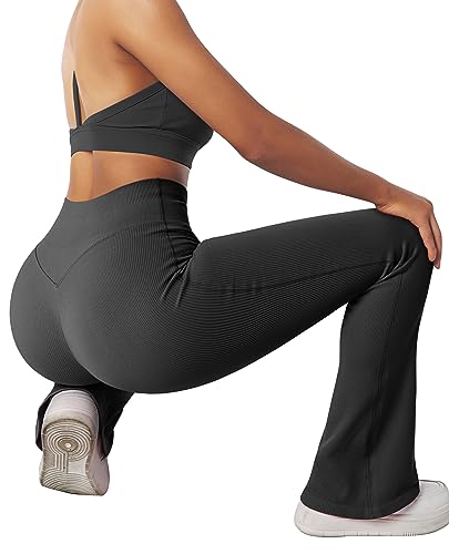 SUUKSESS Women Ribbed Seamless Tummy Control Flare Leggings Bootcut High Waist Workout Yoga Pants 29'' (Black,M)