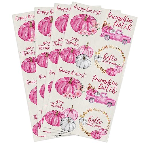 Fall Kitchen Towels Set White Pink Pumpkin Truck Flower Thanksgiving Dish Towel Autumn Leaf Dishcloths 4 Pack,Absorbent Soft Cotton Dish Cloths Tea Towels Fall Seasonal Decoration Hand Towels Set