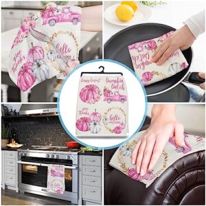 Fall Kitchen Towels Set White Pink Pumpkin Truck Flower Thanksgiving Dish Towel Autumn Leaf Dishcloths 4 Pack,Absorbent Soft Cotton Dish Cloths Tea Towels Fall Seasonal Decoration Hand Towels Set