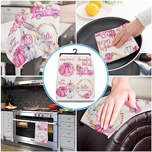 Fall Kitchen Towels Set White Pink Pumpkin Truck Flower Thanksgiving Dish Towel Autumn Leaf Dishcloths 4 Pack,Absorbent Soft Cotton Dish Cloths Tea Towels Fall Seasonal Decoration Hand Towels Set