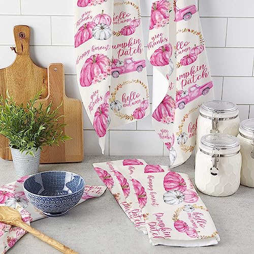 Fall Kitchen Towels Set White Pink Pumpkin Truck Flower Thanksgiving Dish Towel Autumn Leaf Dishcloths 4 Pack,Absorbent Soft Cotton Dish Cloths Tea Towels Fall Seasonal Decoration Hand Towels Set