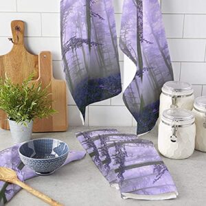 Fall Kitchen Towels Set Sunshine Purple Forest Thanksgiving Dish Towel Trees Mist Dishcloths 2 Pack,Absorbent Soft Cotton Dish Cloths Tea Towels Fall Seasonal Decoration Hand Towels Set