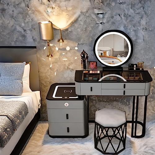 YIMAKEY Vanity Desk Lights Bluetooth: Grey 31 Inches Smart Makeup Vanity Table Set - Mirror Lights 5 Drawers Speakers Stool Charger Station Led Light - Adult Bluetooth Vanities for Corner