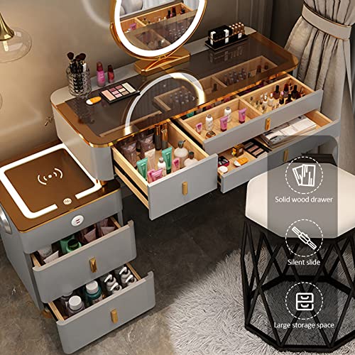 YIMAKEY Vanity Desk Lights Bluetooth: Grey 31 Inches Smart Makeup Vanity Table Set - Mirror Lights 5 Drawers Speakers Stool Charger Station Led Light - Adult Bluetooth Vanities for Corner