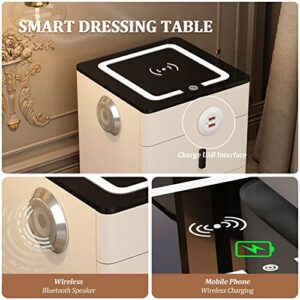 YIMAKEY Vanity Desk Lights Bluetooth: Grey 31 Inches Smart Makeup Vanity Table Set - Mirror Lights 5 Drawers Speakers Stool Charger Station Led Light - Adult Bluetooth Vanities for Corner