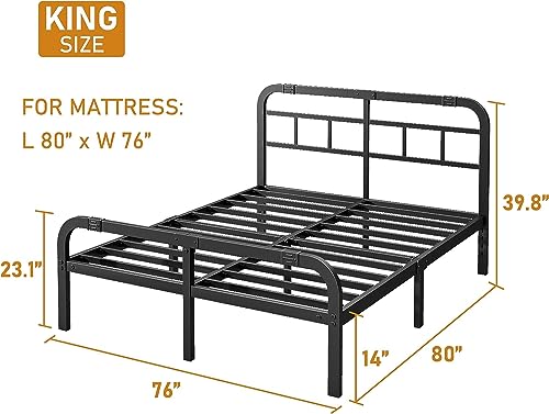 Cleaniago 14 Inch High King Size Bed Frame with Headboard and Footboard, 14 Inch High, Steel Slats with 3000lbs Support, No Box Spring Needed, Noise Free,Easy Assembly, Black