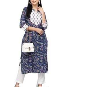 Indian Women's Girls Tunic Tops Crepe Floral Print Straight Kurti Kurta (as1, alpha, x_l, regular, regular) Blue