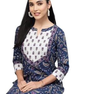 Indian Women's Girls Tunic Tops Crepe Floral Print Straight Kurti Kurta (as1, alpha, x_l, regular, regular) Blue