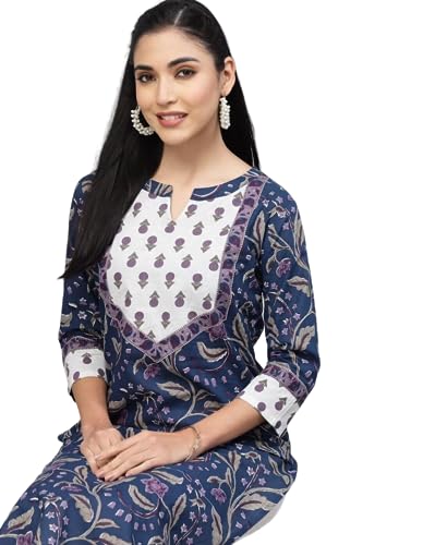 Indian Women's Girls Tunic Tops Crepe Floral Print Straight Kurti Kurta (as1, alpha, x_l, regular, regular) Blue