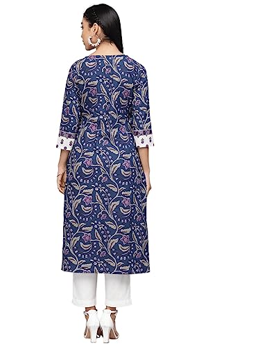 Indian Women's Girls Tunic Tops Crepe Floral Print Straight Kurti Kurta (as1, alpha, x_l, regular, regular) Blue