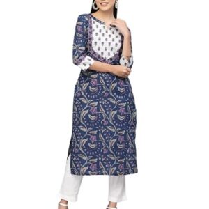 Indian Women's Girls Tunic Tops Crepe Floral Print Straight Kurti Kurta (as1, alpha, x_l, regular, regular) Blue