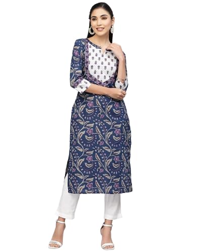 Indian Women's Girls Tunic Tops Crepe Floral Print Straight Kurti Kurta (as1, alpha, x_l, regular, regular) Blue