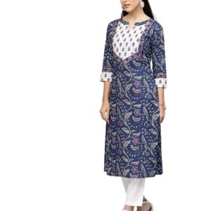 Indian Women's Girls Tunic Tops Crepe Floral Print Straight Kurti Kurta (as1, alpha, x_l, regular, regular) Blue