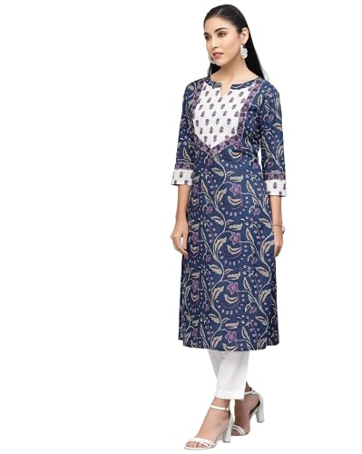 Indian Women's Girls Tunic Tops Crepe Floral Print Straight Kurti Kurta (as1, alpha, x_l, regular, regular) Blue