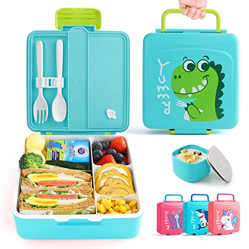 Lehoo Castle Bento Lunch Box for Kids with 4 Compartments&Sauce Jar,1.3L Large Bento Box, Lunch Containers with Spoon&Fork, Durable, Leak Proof, BPA-Free and Food-Safe Materials (Cyan)