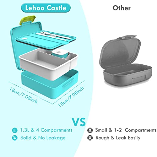 Lehoo Castle Bento Lunch Box for Kids with 4 Compartments&Sauce Jar,1.3L Large Bento Box, Lunch Containers with Spoon&Fork, Durable, Leak Proof, BPA-Free and Food-Safe Materials (Cyan)