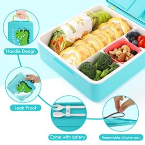 Lehoo Castle Bento Lunch Box for Kids with 4 Compartments&Sauce Jar,1.3L Large Bento Box, Lunch Containers with Spoon&Fork, Durable, Leak Proof, BPA-Free and Food-Safe Materials (Cyan)