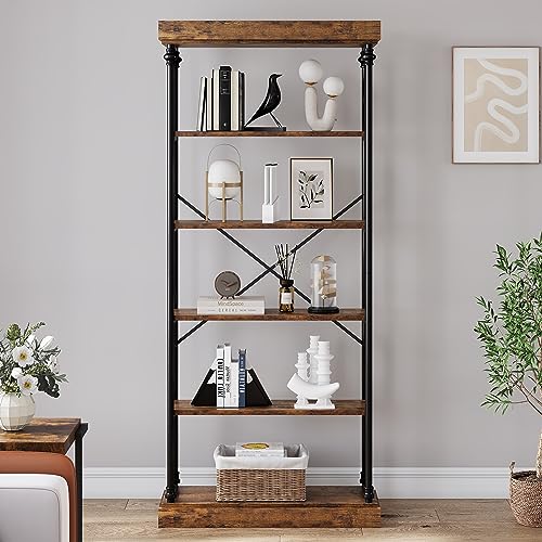 IDEALHOUSE Industrial Bookshelf Wood Bookcase 6 Tier Storage Open Rack Shelf Metal Frame Rustic Tall Standing Bookshelves Large Vintage Display Rack for Bedroom,Living Room and Home Office