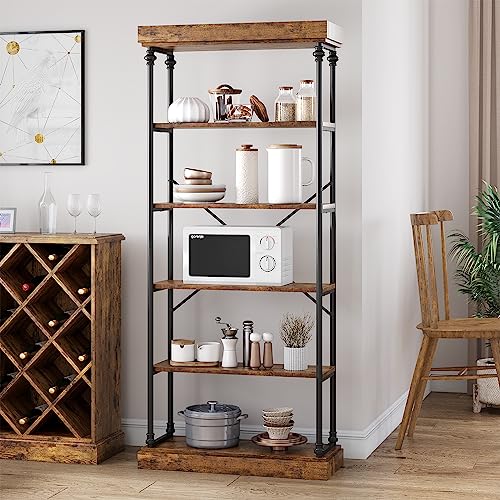 IDEALHOUSE Industrial Bookshelf Wood Bookcase 6 Tier Storage Open Rack Shelf Metal Frame Rustic Tall Standing Bookshelves Large Vintage Display Rack for Bedroom,Living Room and Home Office