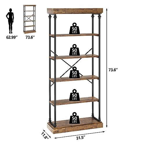 IDEALHOUSE Industrial Bookshelf Wood Bookcase 6 Tier Storage Open Rack Shelf Metal Frame Rustic Tall Standing Bookshelves Large Vintage Display Rack for Bedroom,Living Room and Home Office