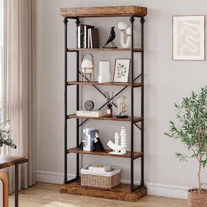 IDEALHOUSE Industrial Bookshelf Wood Bookcase 6 Tier Storage Open Rack Shelf Metal Frame Rustic Tall Standing Bookshelves Large Vintage Display Rack for Bedroom,Living Room and Home Office