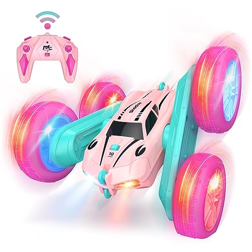 Remote Control Car, Hand Remote RC Cars, 90 Min Playtime, 2.4Ghz Double Sided 360° Rotating RC Crawler with Lights, 4WD Off Road Drift RC Stunt Race Car Gift Toy for Boys and Girls Aged 6-12 Pink