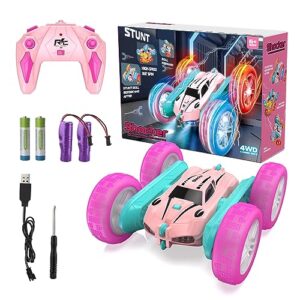 Remote Control Car, Hand Remote RC Cars, 90 Min Playtime, 2.4Ghz Double Sided 360° Rotating RC Crawler with Lights, 4WD Off Road Drift RC Stunt Race Car Gift Toy for Boys and Girls Aged 6-12 Pink