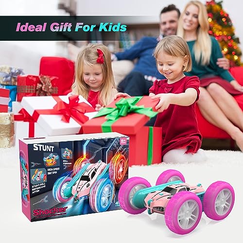 Remote Control Car, Hand Remote RC Cars, 90 Min Playtime, 2.4Ghz Double Sided 360° Rotating RC Crawler with Lights, 4WD Off Road Drift RC Stunt Race Car Gift Toy for Boys and Girls Aged 6-12 Pink