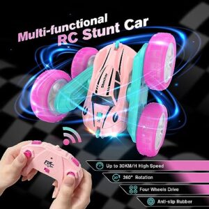 Remote Control Car, Hand Remote RC Cars, 90 Min Playtime, 2.4Ghz Double Sided 360° Rotating RC Crawler with Lights, 4WD Off Road Drift RC Stunt Race Car Gift Toy for Boys and Girls Aged 6-12 Pink