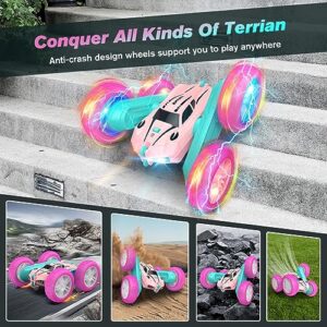 Remote Control Car, Hand Remote RC Cars, 90 Min Playtime, 2.4Ghz Double Sided 360° Rotating RC Crawler with Lights, 4WD Off Road Drift RC Stunt Race Car Gift Toy for Boys and Girls Aged 6-12 Pink