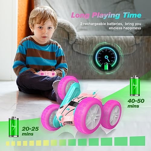 Remote Control Car, Hand Remote RC Cars, 90 Min Playtime, 2.4Ghz Double Sided 360° Rotating RC Crawler with Lights, 4WD Off Road Drift RC Stunt Race Car Gift Toy for Boys and Girls Aged 6-12 Pink