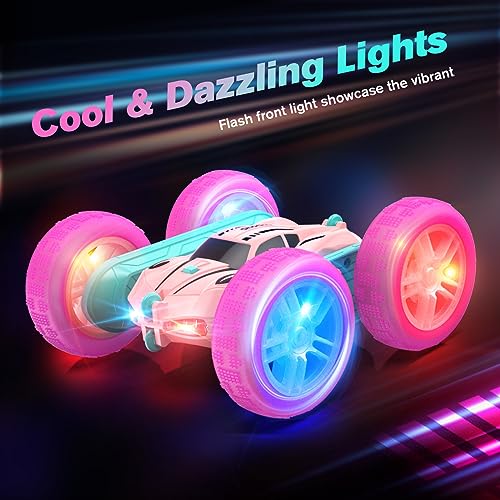 Remote Control Car, Hand Remote RC Cars, 90 Min Playtime, 2.4Ghz Double Sided 360° Rotating RC Crawler with Lights, 4WD Off Road Drift RC Stunt Race Car Gift Toy for Boys and Girls Aged 6-12 Pink