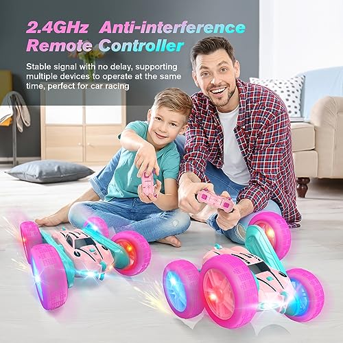 Remote Control Car, Hand Remote RC Cars, 90 Min Playtime, 2.4Ghz Double Sided 360° Rotating RC Crawler with Lights, 4WD Off Road Drift RC Stunt Race Car Gift Toy for Boys and Girls Aged 6-12 Pink