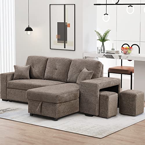 Reversible Sleeper Sectional Sofa Bed with Side Shelf and 2 Stools,Pull Out Couch Bed with Left/Right Hande, L-Shaped 3-Seater Couch for Living Room Apartment（Knox Charcoal）