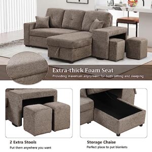 Reversible Sleeper Sectional Sofa Bed with Side Shelf and 2 Stools,Pull Out Couch Bed with Left/Right Hande, L-Shaped 3-Seater Couch for Living Room Apartment（Knox Charcoal）