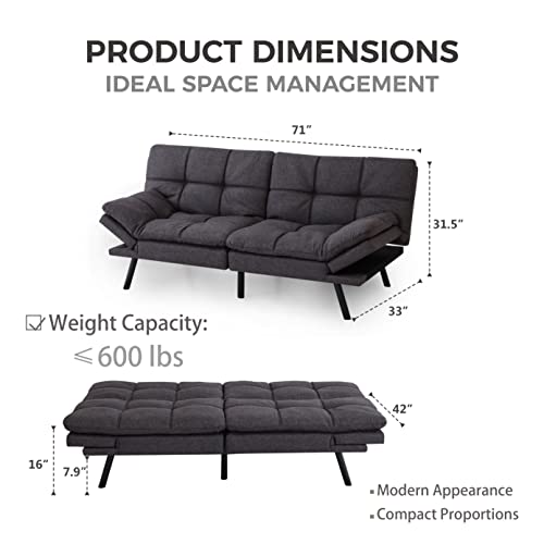 Futon Sofa Bed, Lounge Memory Foam Sleeper Couch, Foldable Couch Convertible Loveseat Sleeper Daybed with Adjustable Armrests for Modern Loveseat for Office, Apartment, Compact Living Room (Grey)