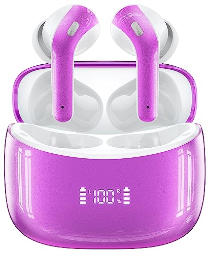 Bluetooth Headphones Wireless Earbuds 60H Playtime Ear Buds with LED Power Display Charging Case Earphones in-Ear Earbud with Microphone for Android Cell Phone Gaming Computer Laptop Sport Rose Purple