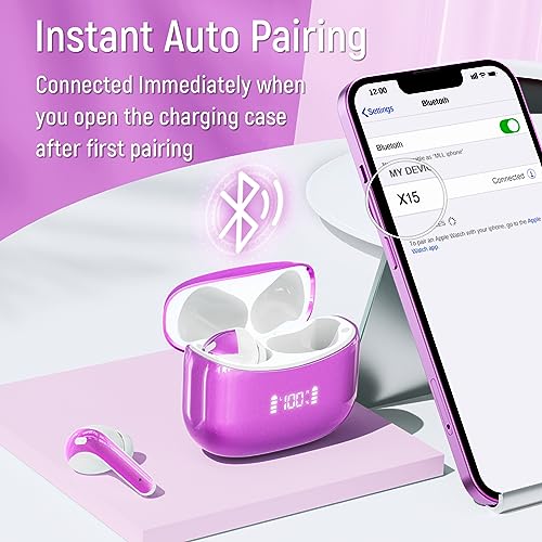 Bluetooth Headphones Wireless Earbuds 60H Playtime Ear Buds with LED Power Display Charging Case Earphones in-Ear Earbud with Microphone for Android Cell Phone Gaming Computer Laptop Sport Rose Purple