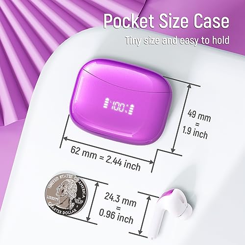 Bluetooth Headphones Wireless Earbuds 60H Playtime Ear Buds with LED Power Display Charging Case Earphones in-Ear Earbud with Microphone for Android Cell Phone Gaming Computer Laptop Sport Rose Purple