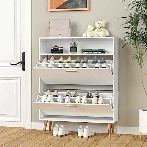 NOVAMAISON Shoe Cabinet for Entryway, Narrow Shoe Storage Cabinet with 2 Flip Doors and Shelf, Freestanding Shoe Organizer for Hallway, Bedroom, Apartment, White