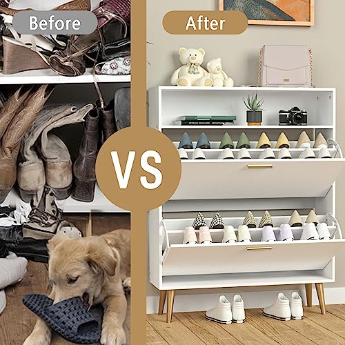 NOVAMAISON Shoe Cabinet for Entryway, Narrow Shoe Storage Cabinet with 2 Flip Doors and Shelf, Freestanding Shoe Organizer for Hallway, Bedroom, Apartment, White