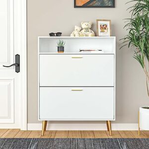 NOVAMAISON Shoe Cabinet for Entryway, Narrow Shoe Storage Cabinet with 2 Flip Doors and Shelf, Freestanding Shoe Organizer for Hallway, Bedroom, Apartment, White