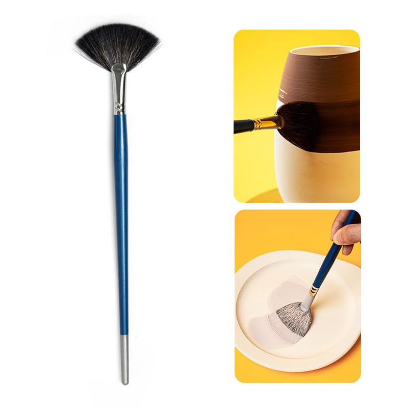 Fan Paint Brushes, Artist Fan Brush Acrylic Paint Brushes with Nylon Hair Long Wood Handle Large-Area Coloring Brush for Ceramic Painting, Gold line Drawing