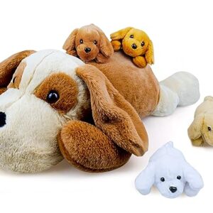 Soft Cuddly Dog Mommy Stuffed Animal Toys with 4 Surprise Babies, Animal Pillows Plushies for Toddlers, Kids, Boys, Girls, & Adults Gifts for Birthdays, Christmas, Valentine's and Thanksgiving Day