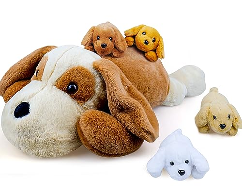 Soft Cuddly Dog Mommy Stuffed Animal Toys with 4 Surprise Babies, Animal Pillows Plushies for Toddlers, Kids, Boys, Girls, & Adults Gifts for Birthdays, Christmas, Valentine's and Thanksgiving Day