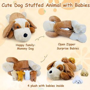 Soft Cuddly Dog Mommy Stuffed Animal Toys with 4 Surprise Babies, Animal Pillows Plushies for Toddlers, Kids, Boys, Girls, & Adults Gifts for Birthdays, Christmas, Valentine's and Thanksgiving Day