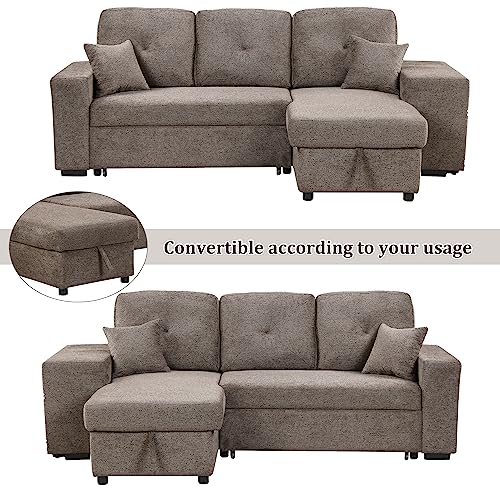 Bellemave Reversible Sectional Sofa Couch, L-Shape 3-Seater Sofa, Pull Out Sleeper Sofa Upholstered Couch 95" Sleeper Sofa with Side Shelf and 2 Stools for Living Room (Knox Charcoal)