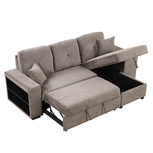 Bellemave Reversible Sectional Sofa Couch, L-Shape 3-Seater Sofa, Pull Out Sleeper Sofa Upholstered Couch 95" Sleeper Sofa with Side Shelf and 2 Stools for Living Room (Knox Charcoal)